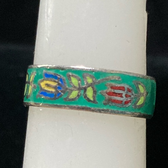 Vintage | Jewelry | Vintage Siam Sterling Green Enamel Flowered Band Ring | Poshmark